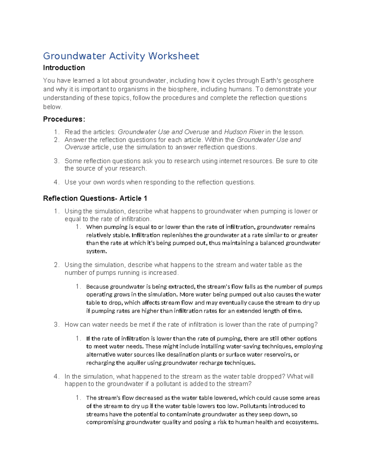 Groundwater activity worksheet - Groundwater Activity Worksheet ...