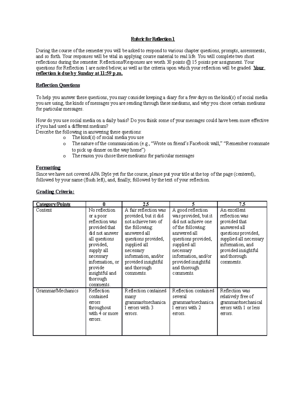 Reflection one summary - Rubric for Reflection 1 During the course of ...