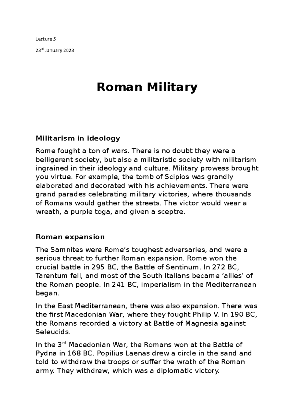 Lecture 5 (Military in Rome) - Lecture 5 23 rd January 2023 Roman ...