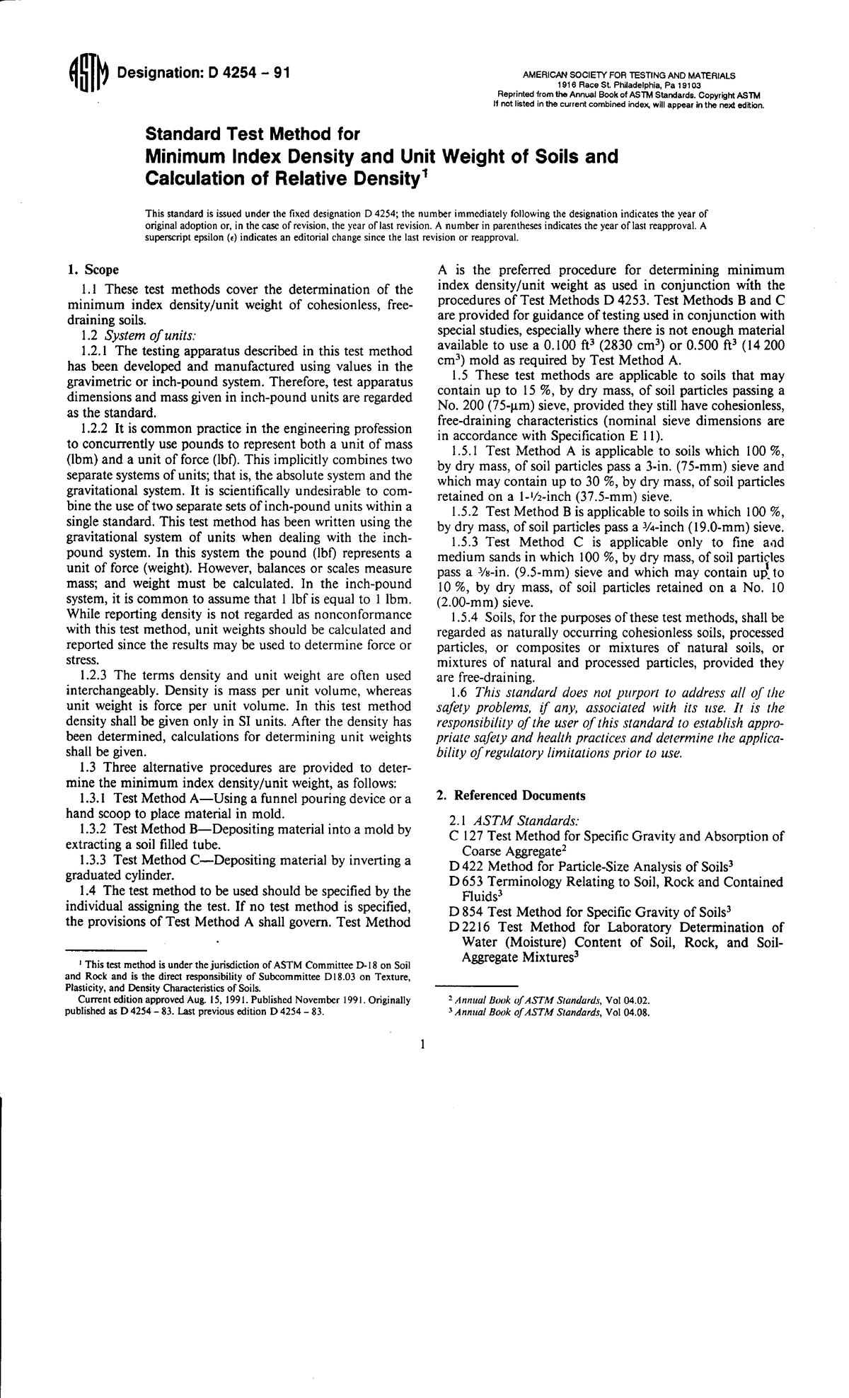 ASTM D4254-91 Minimum Index Density - Mechanics of Materials - Studocu