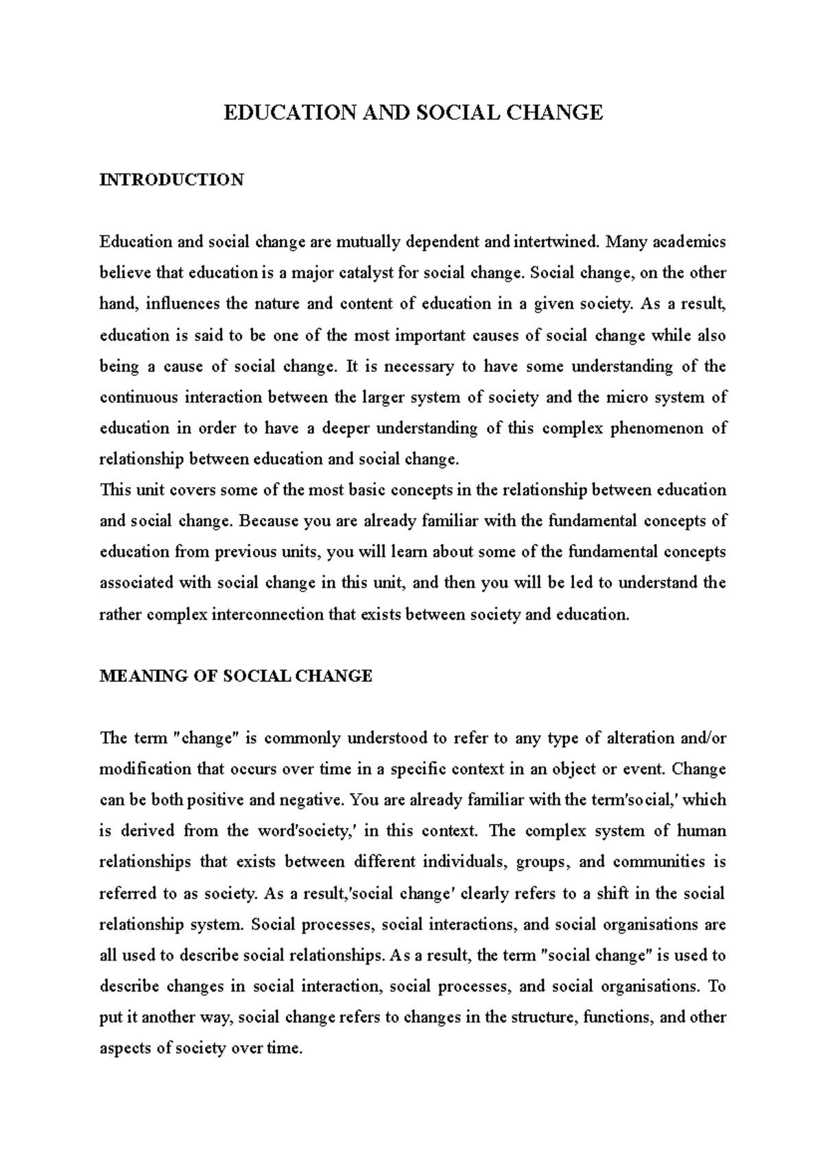 Education AND Social Change - EDUCATION AND SOCIAL CHANGE INTRODUCTION ...