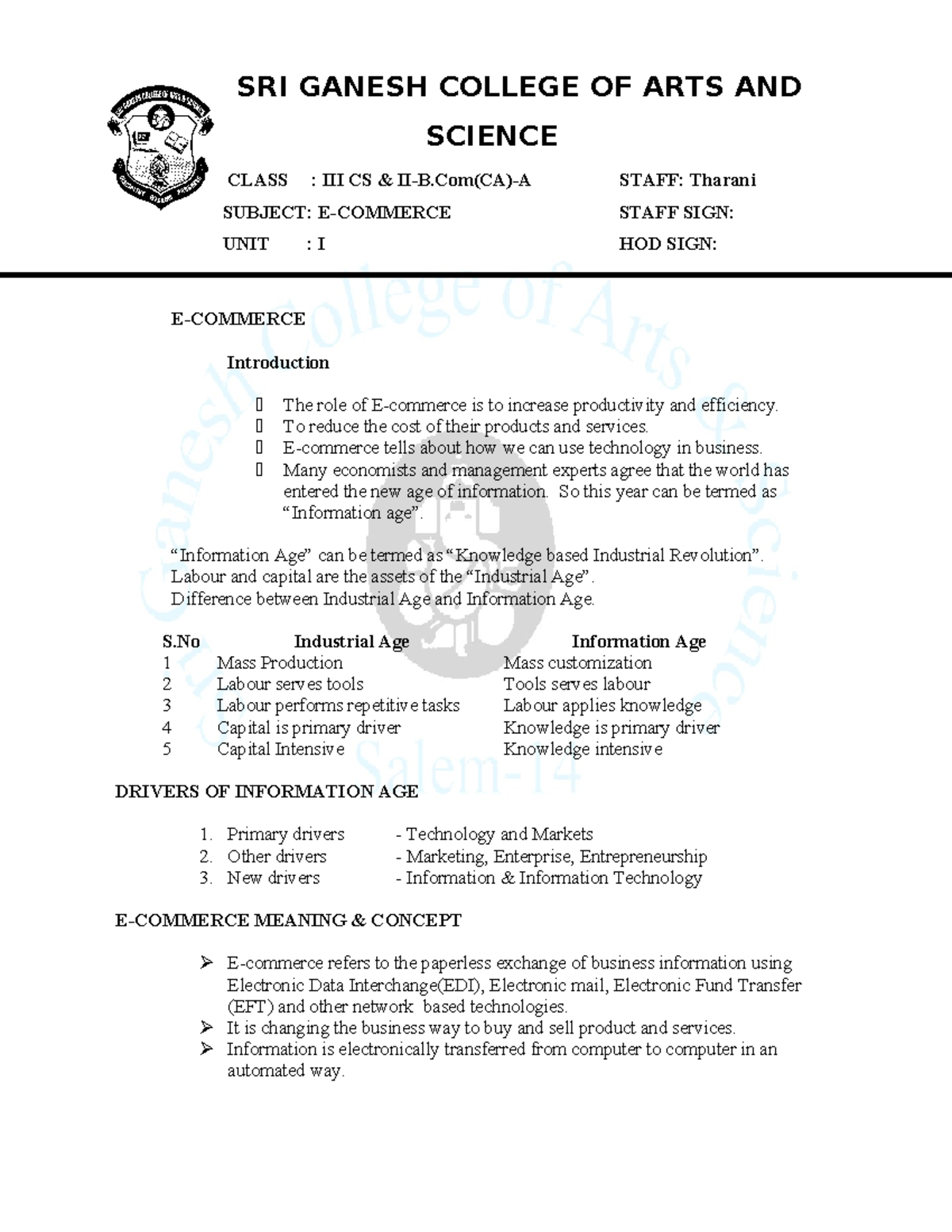 I unit - Computer - SRI GANESH COLLEGE OF ARTS AND SCIENCE CLASS : III ...