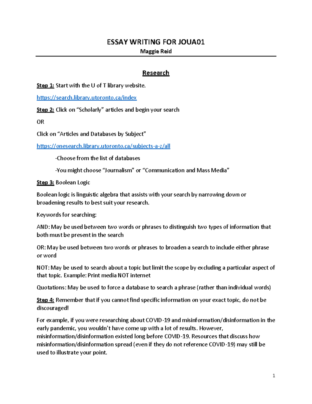 Essay Writing Guide-JOUA01-2023 - 1 ESSAY WRITING FOR JOUA Maggie Reid ...