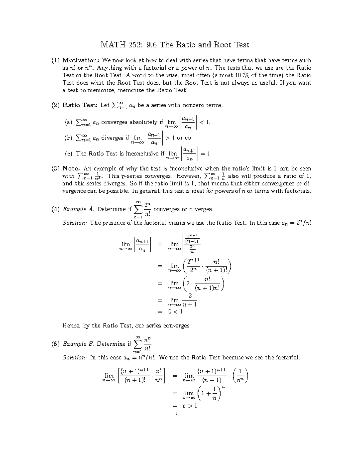 9.6 the ration and root tests - MATH 252: 9 The Ratio and Root Test (1 ...