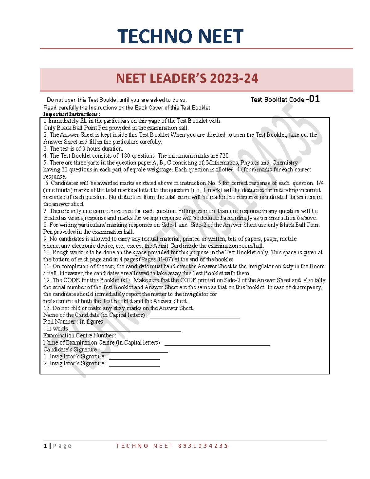 NEET TEST Series 01 - HIJLSJOJJSCJC - NEET LEADER’S 2023- Do not open ...