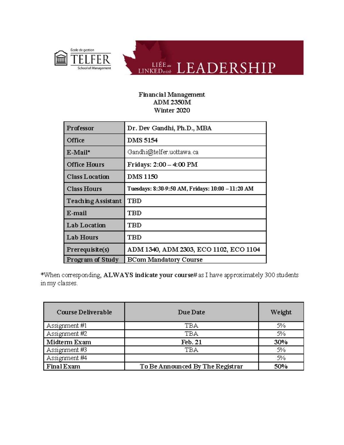 ADM 2350M Winter 2020 - Financial Management ADM 2350M Winter 2020 ...