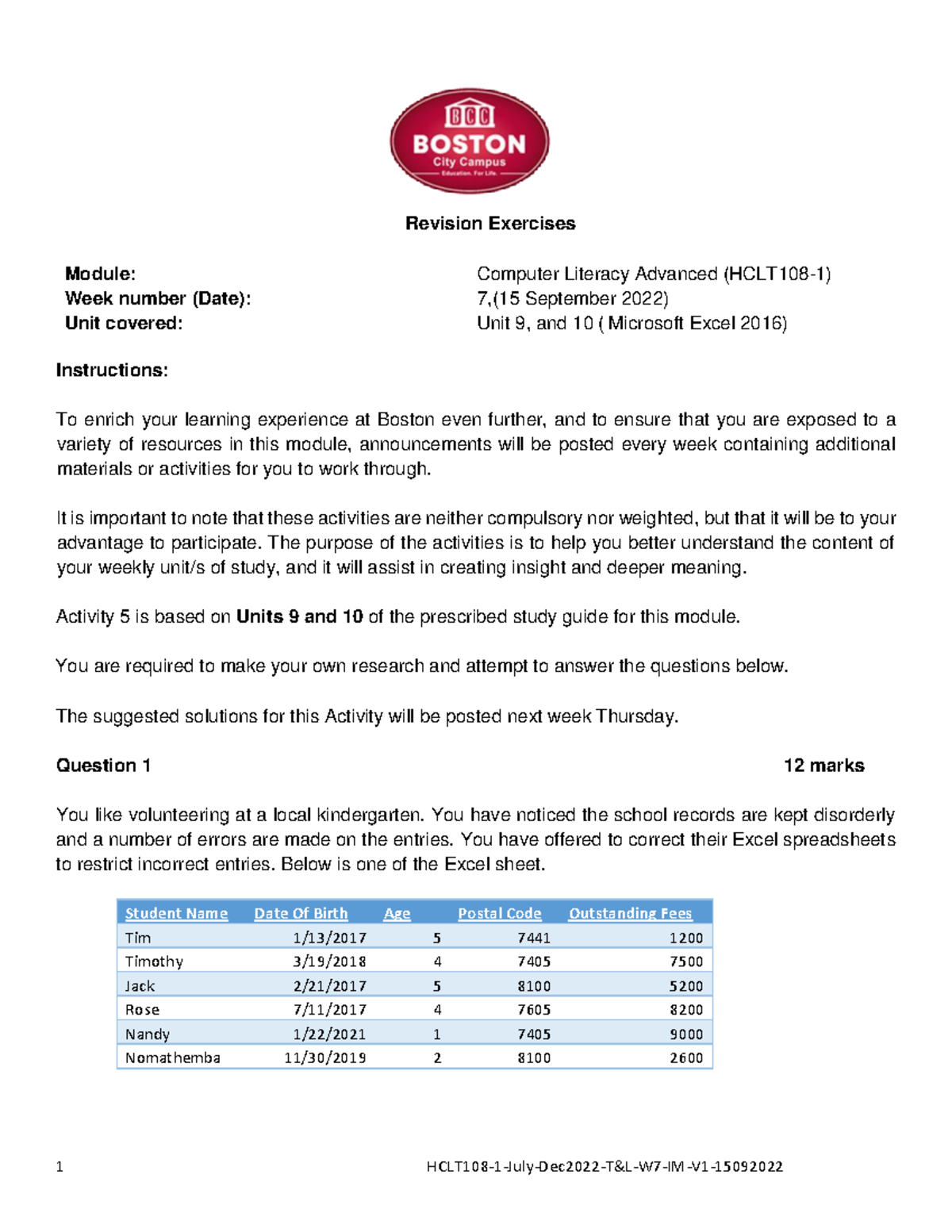 HCLT108 1 July Dec2022 T&L W7 IM V1 15092022 - 1 HCLT10 8 - 1 - July ...