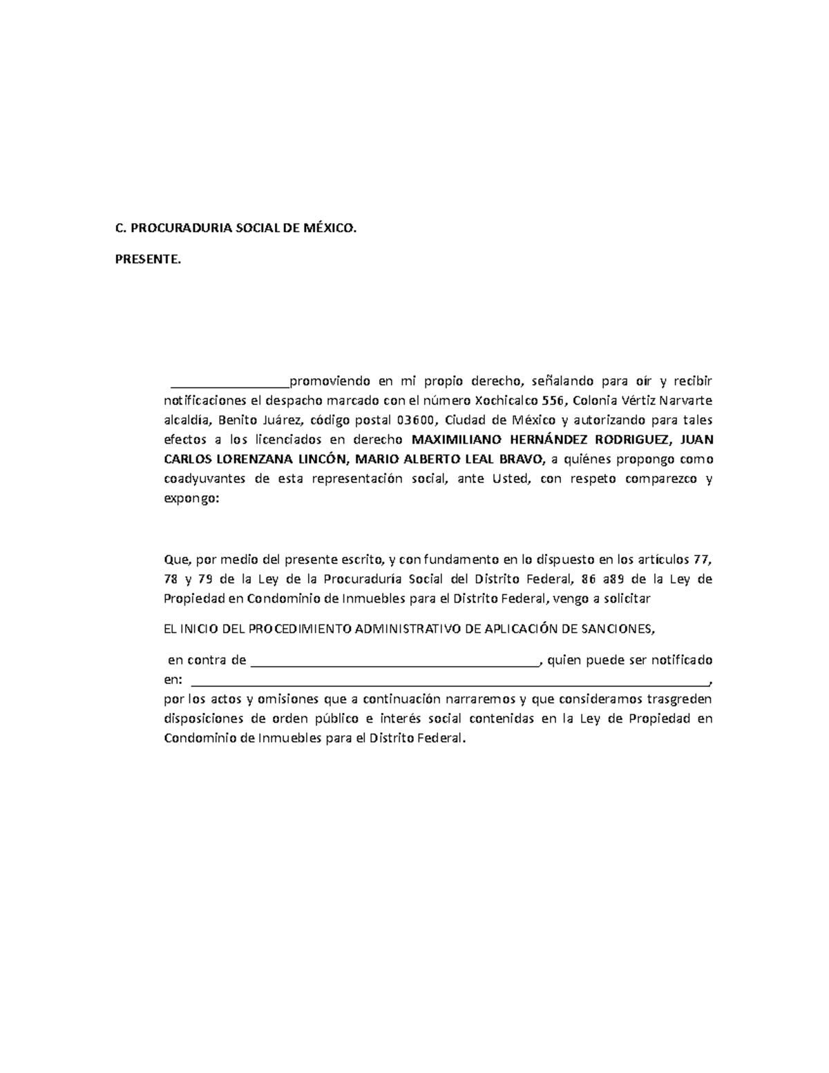 Demanda 1 - XCVBNM, - C. PROCURADURIA SOCIAL DE MÉXICO. PRESENTE ...