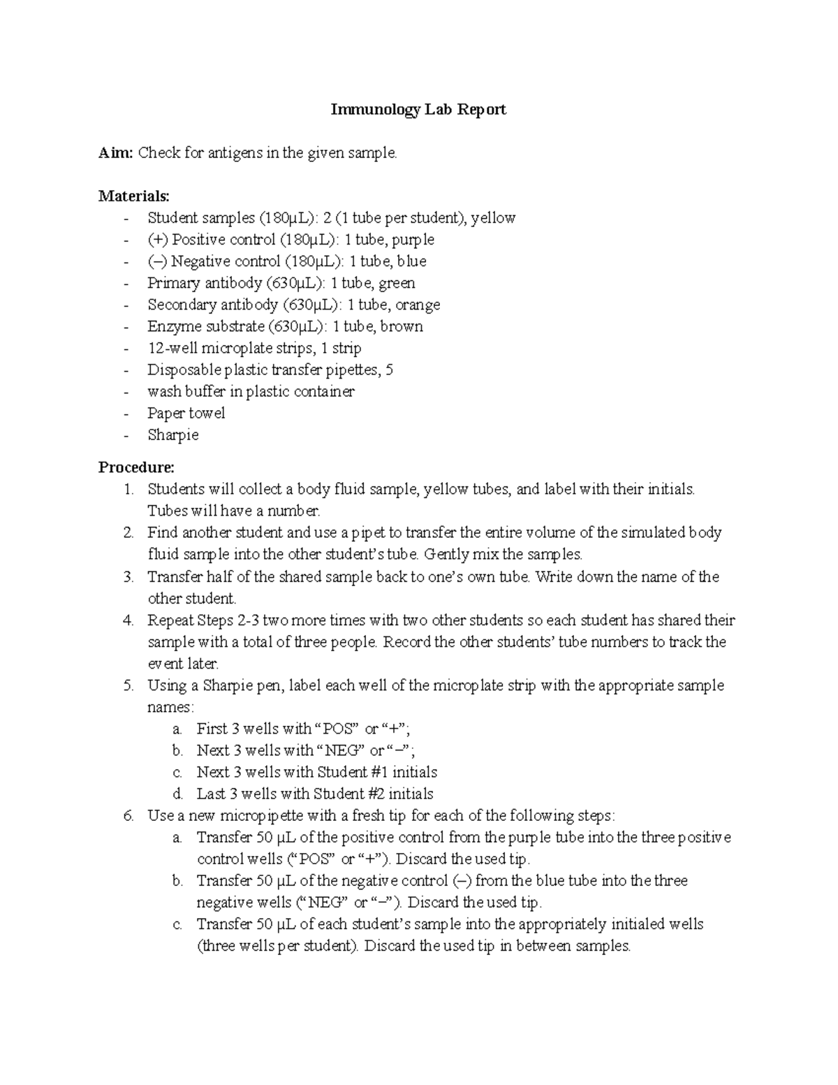 Immunology - microbiology lab report - Immunology Lab Report Aim: Check ...