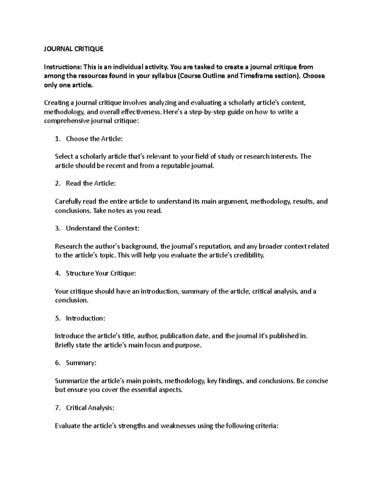 Journal Critique - For guide purposes - JOURNAL CRITIQUE Instructions ...