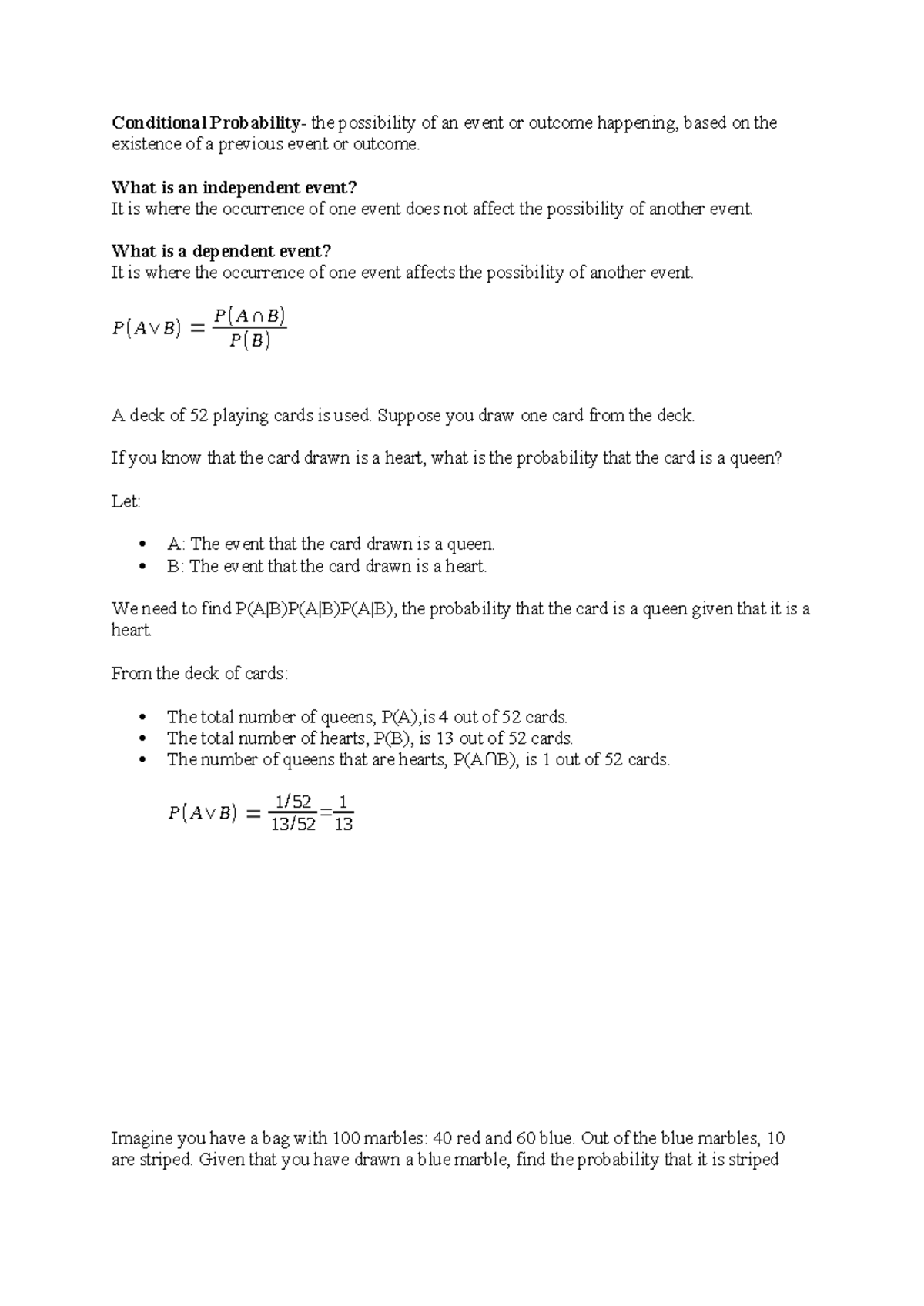 Conditional Probability Notes - What is an independent event? It is ...