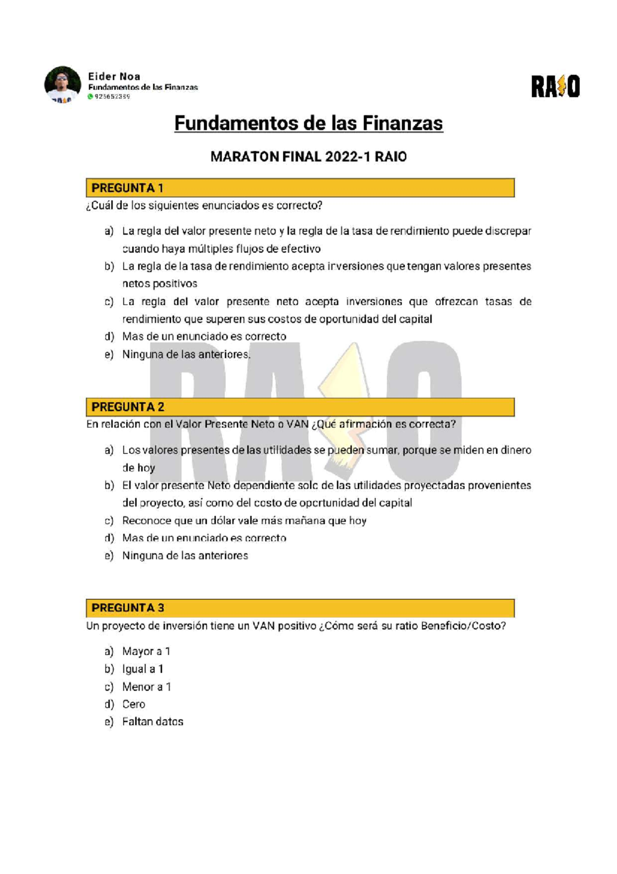 RAIO Maraton Funda FI 2022-1 Final - Fundamentos de las finanzas - Studocu