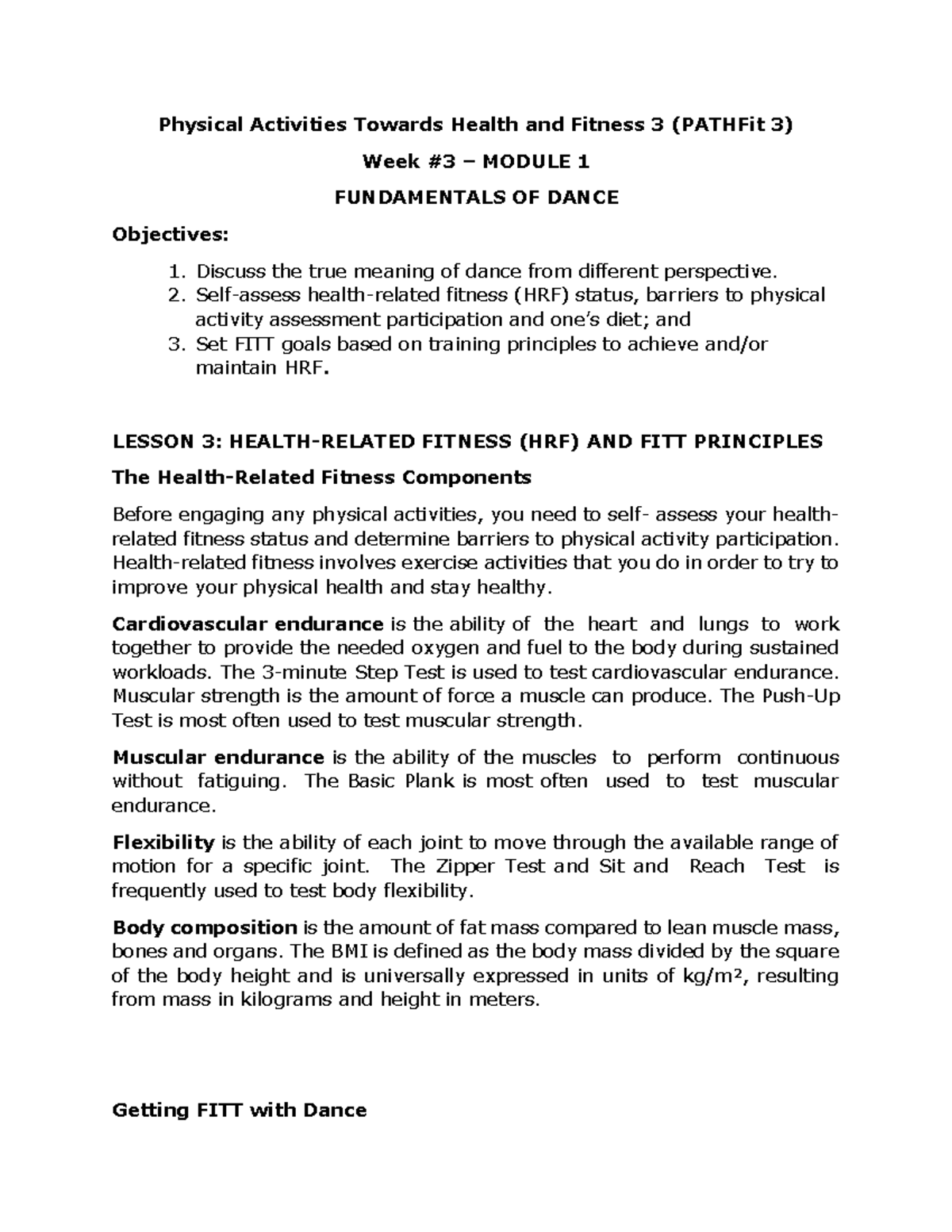 Week 3 - module - Physical Activities Towards Health and Fitness 3 ...