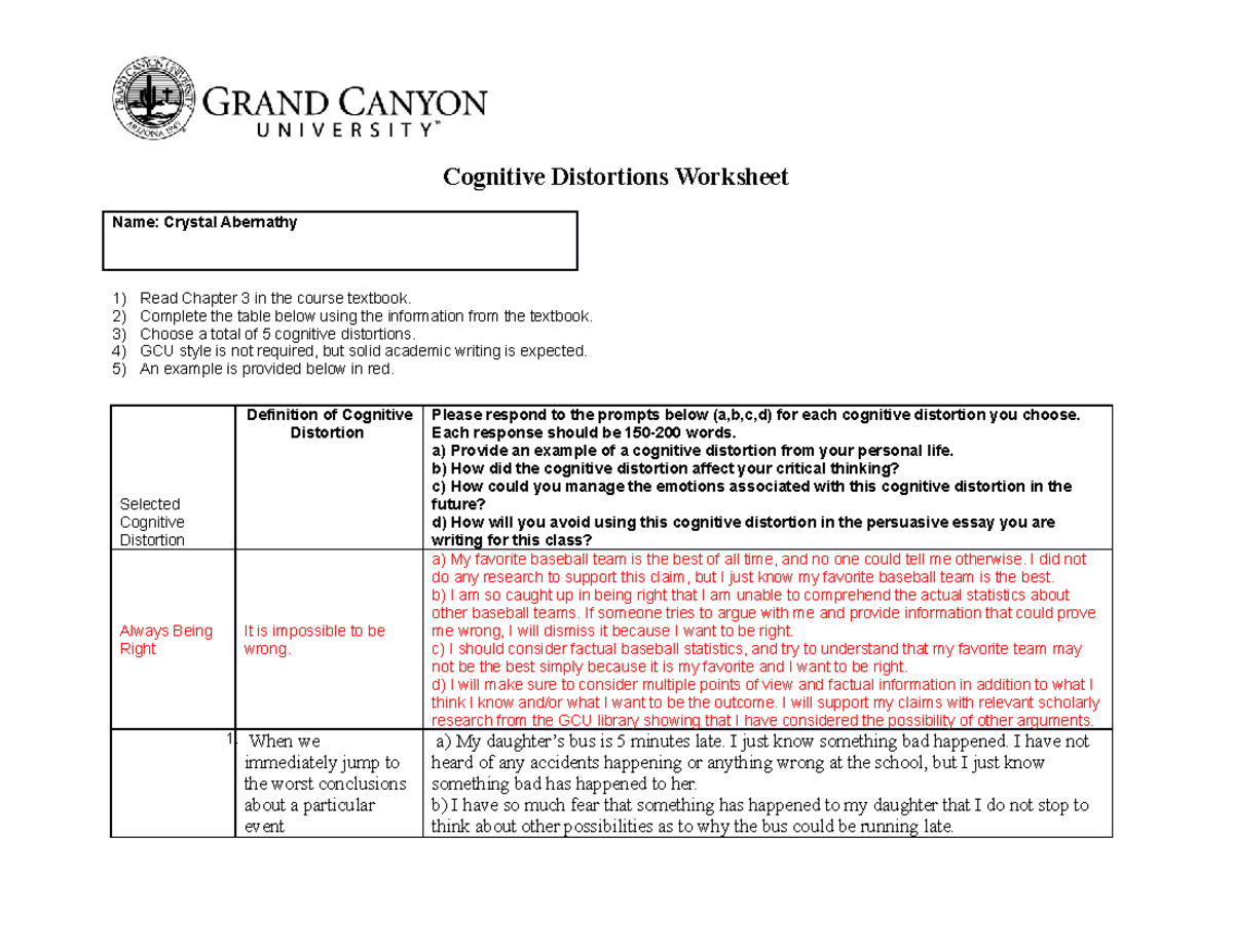 PHI-105 Final Cognitive Worksheet - Cognitive Distortions Worksheet ...