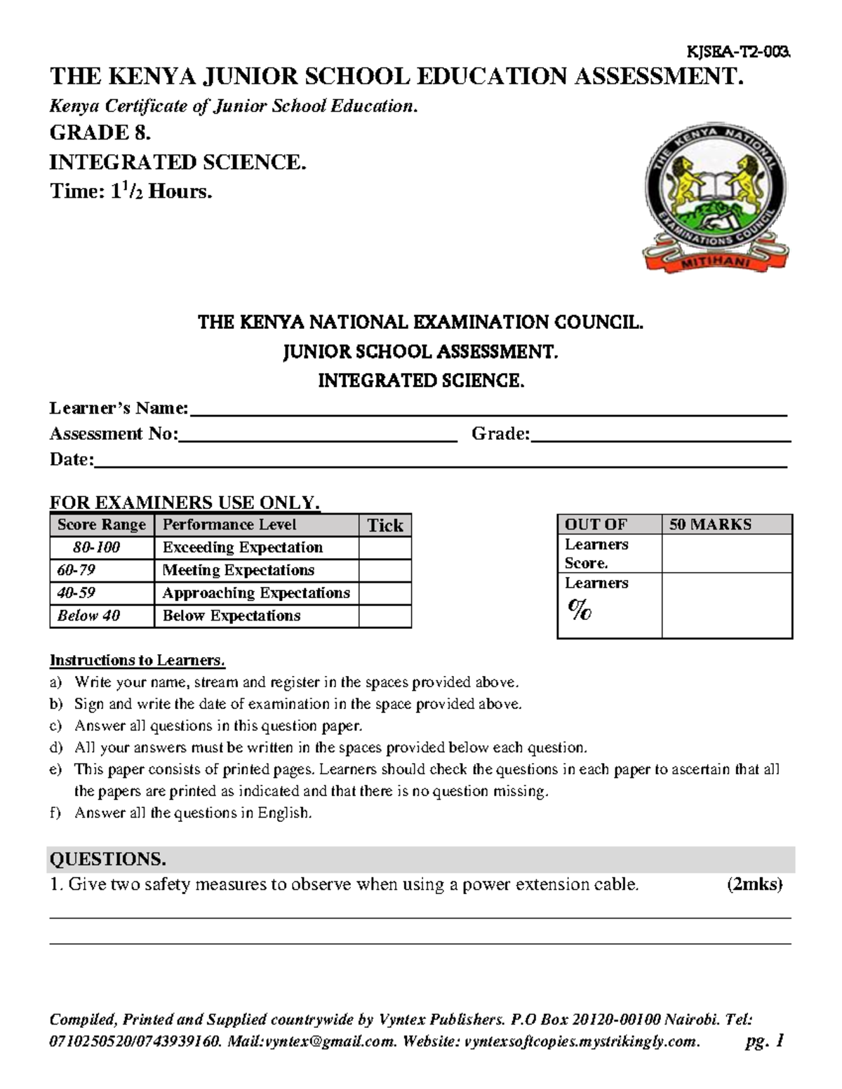 Kjsea G8-T2-003 Integrated Science - Compiled, Printed and Supplied ...