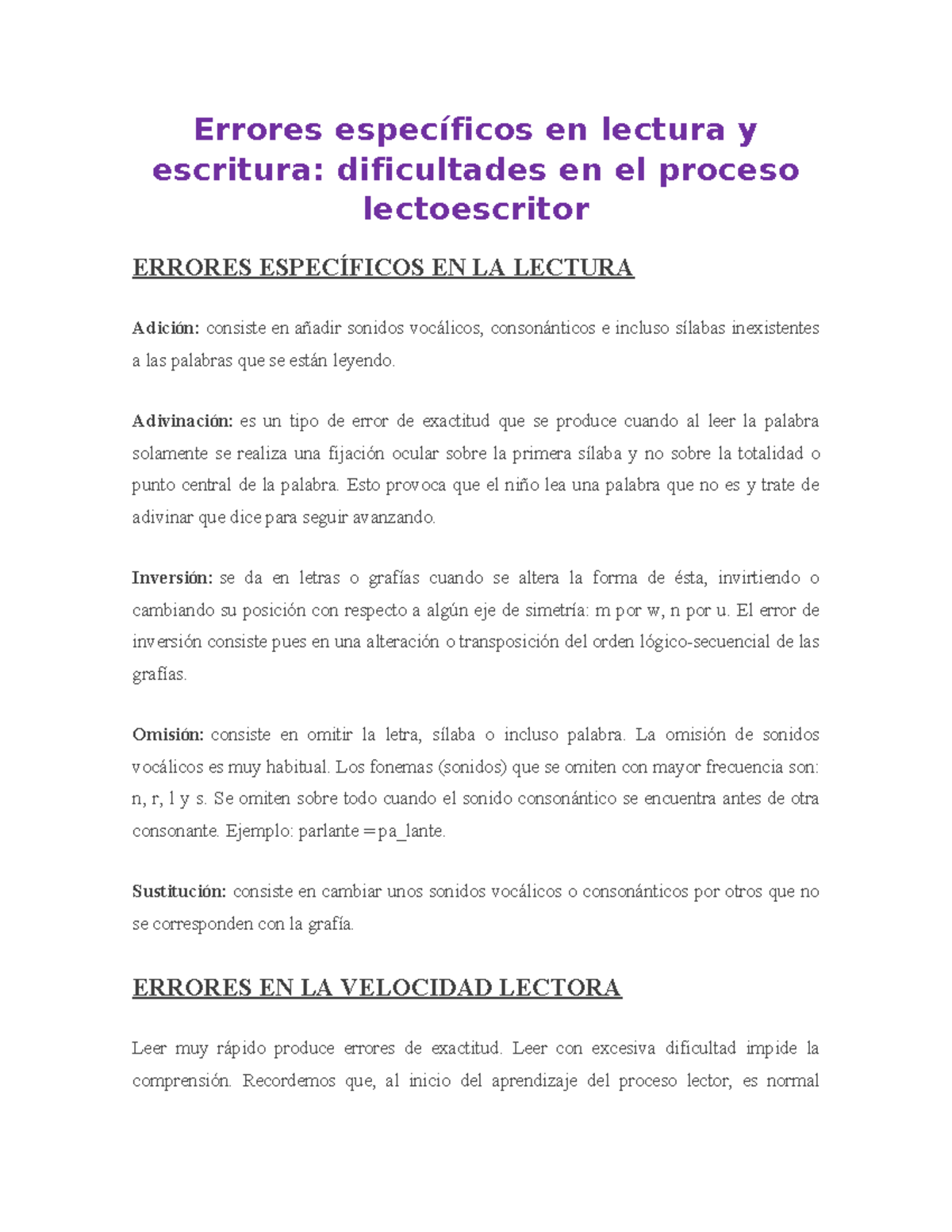 Errores Especificos Lectra Escritura - Errores específicos en lectura y escritura: dificultades ...