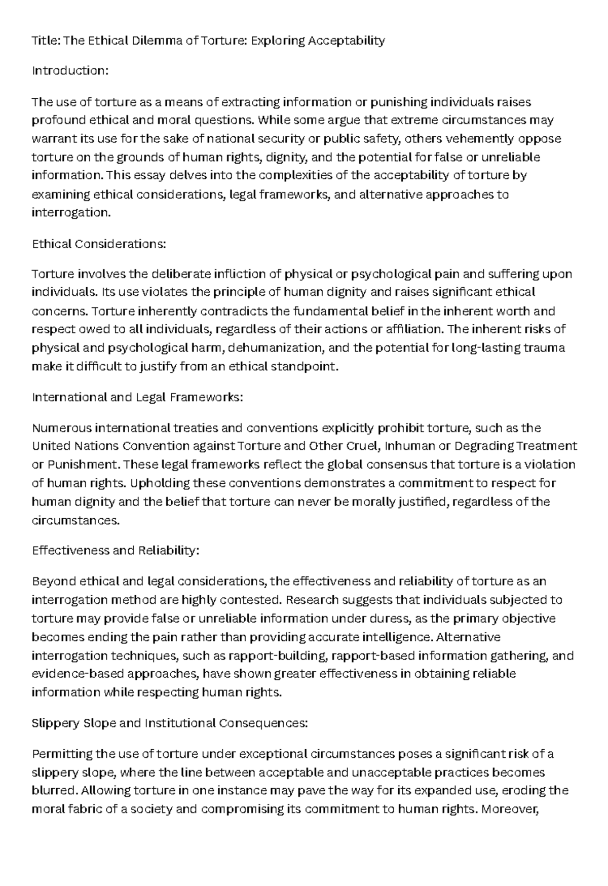 Title The Ethical Dilemma of Torture Exploring Acceptability - Title ...