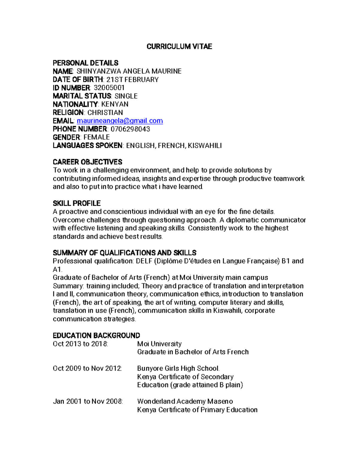Angela Maurine PDF - CURRICULUM VITAE PERSONAL DETAILS NAME: SHINYANZWA ...