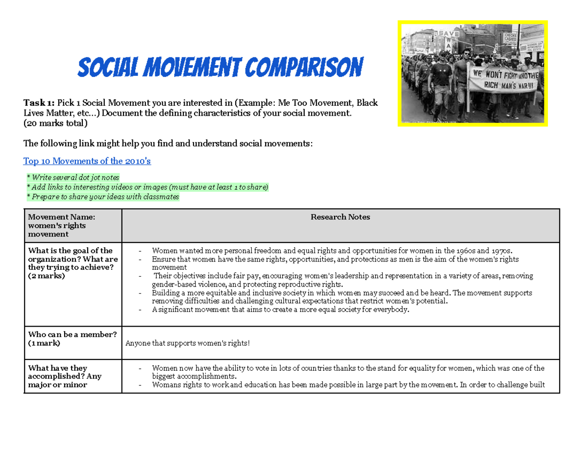 - 2. Social Movement Comparison Activity - Social Movement Comparison ...