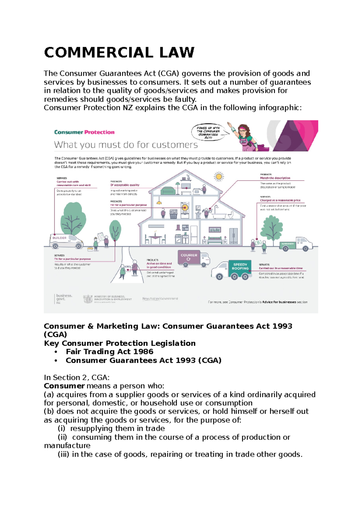 Week 8 Notes - COMMERCIAL LAW The Consumer Guarantees Act (CGA) governs ...