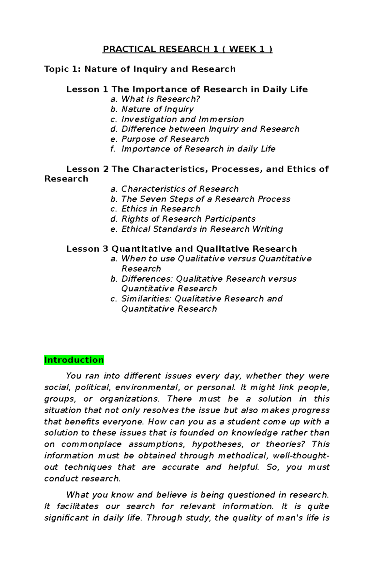 Practical Research 1 Week 1 Final - PRACTICAL RESEARCH 1 ( WEEK 1 ...