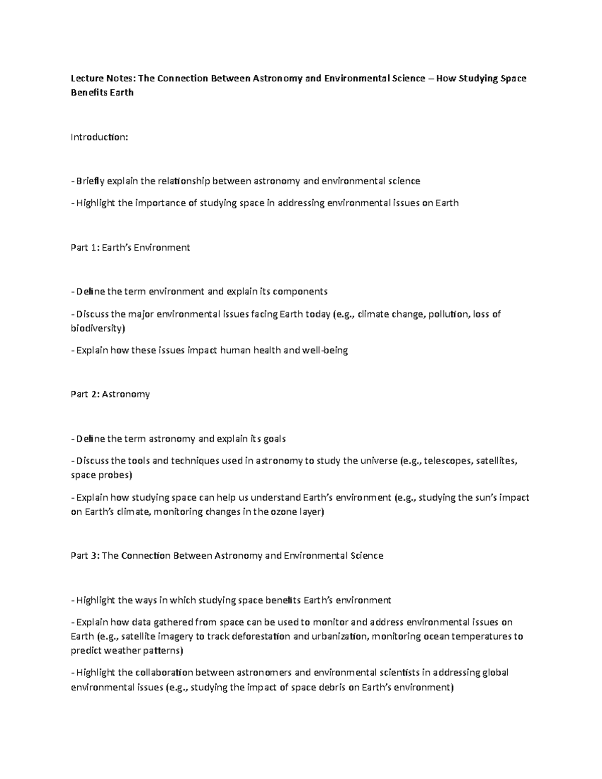 Lecture Notes: The Connection Between Astronomy and Environmental ...