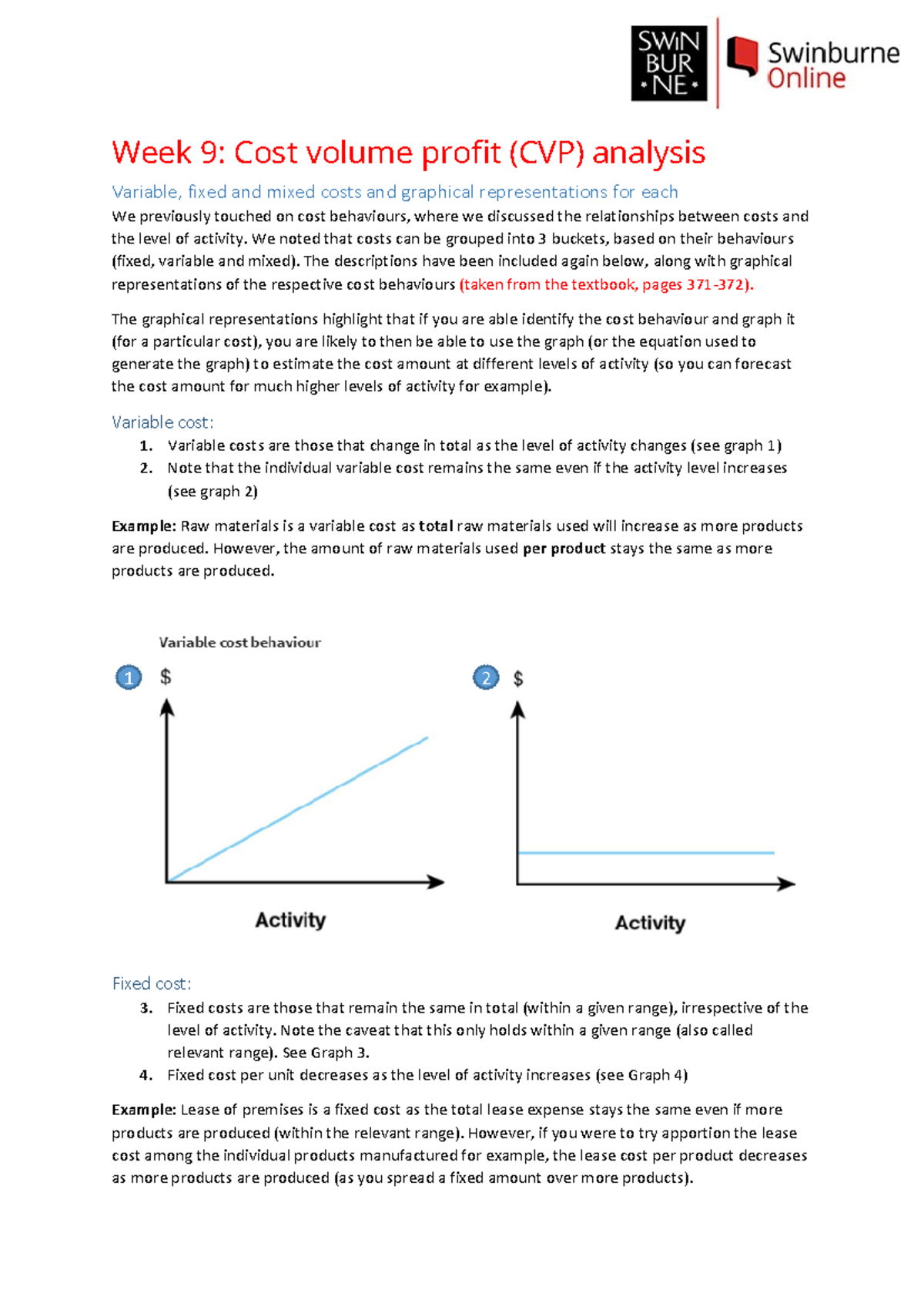 Week 9 round up - Week 9: Cost volume profit (CVP) analysis Variable ...
