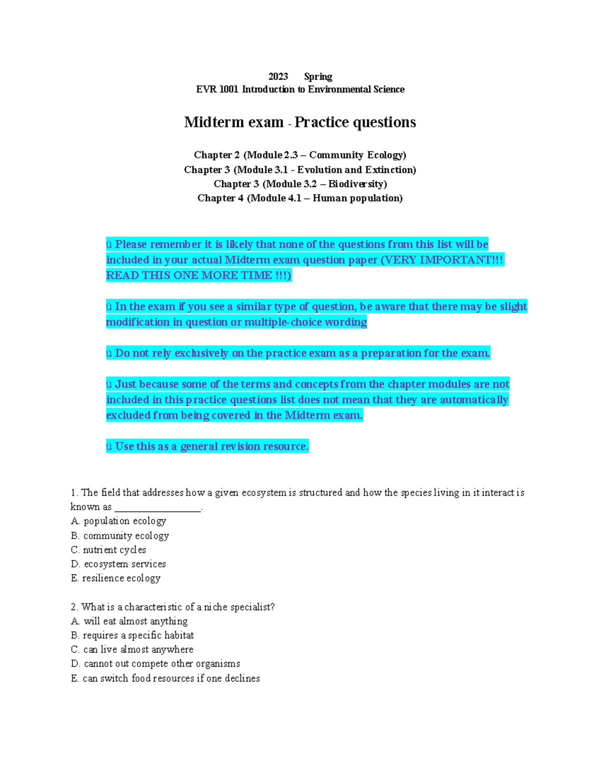 EVR Midterm EXAM Review PART 1 - 2023 Spring EVR 1001 Introduction to Environmental Science ...