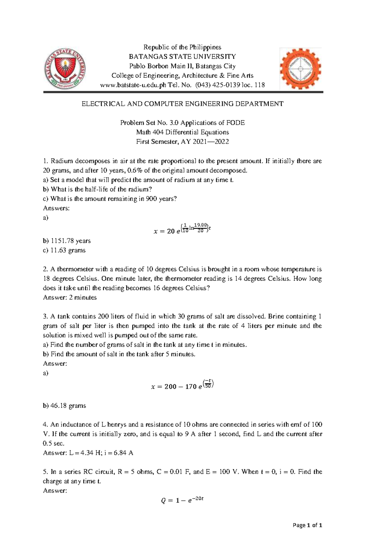 PS 3 Applications of FODE - Differential Equations - BatStateU - Studocu