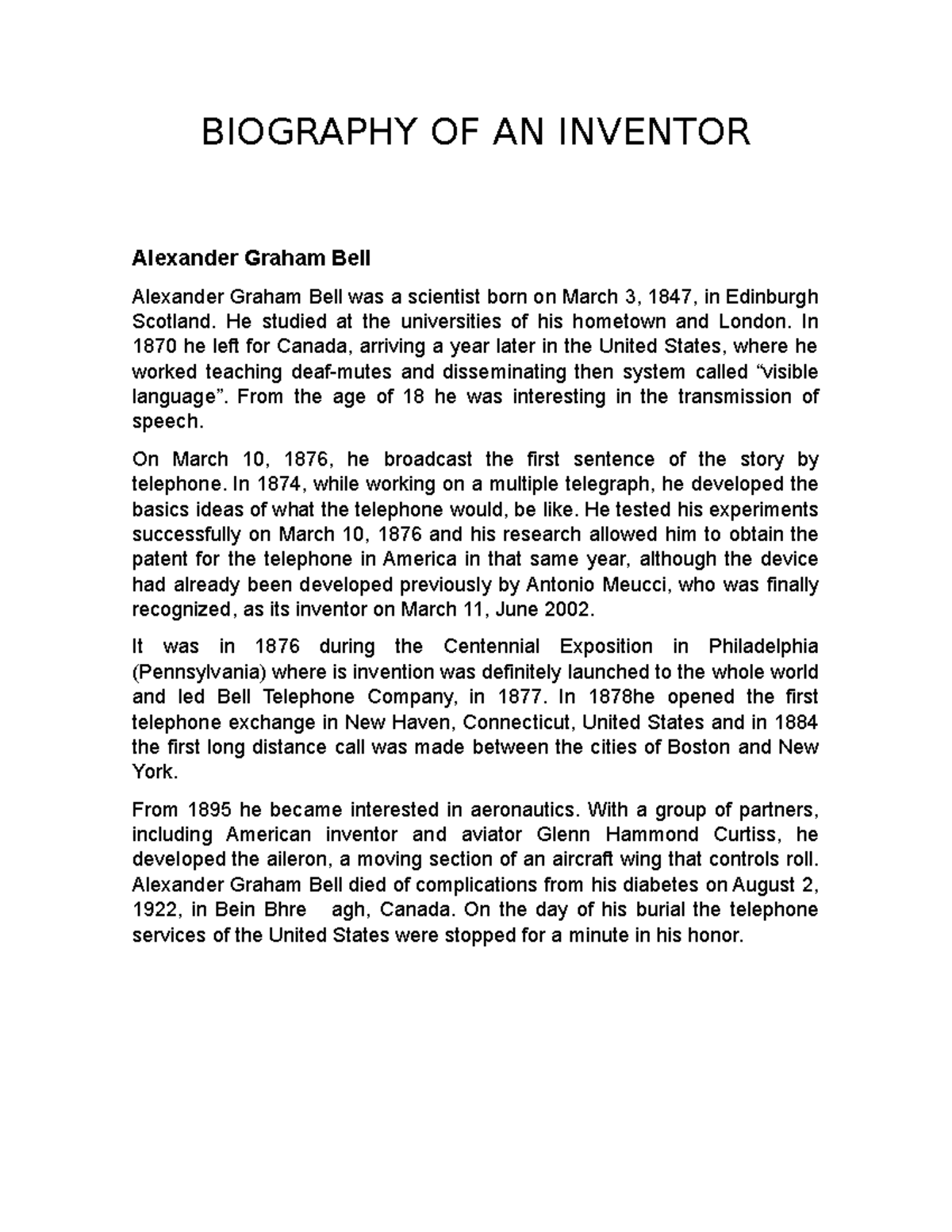 Biography OF AN Inventor - BIOGRAPHY OF AN INVENTOR Alexander Graham ...