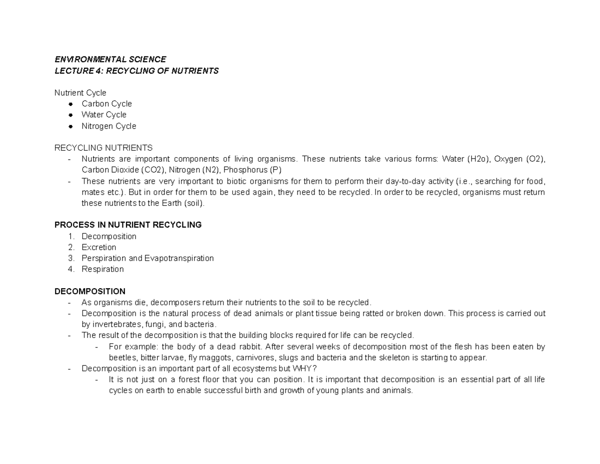 Environmental- Science - ENVIRONMENTAL SCIENCE LECTURE 4: RECYCLING OF ...