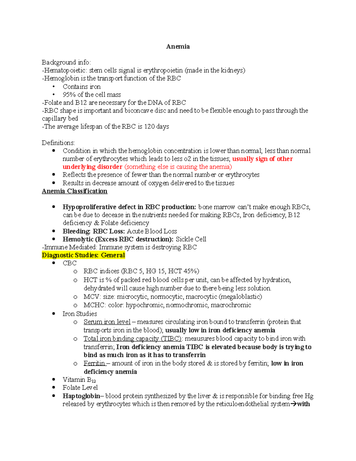 Anemia Outline - Anemia Background info: stem cells signal is ...