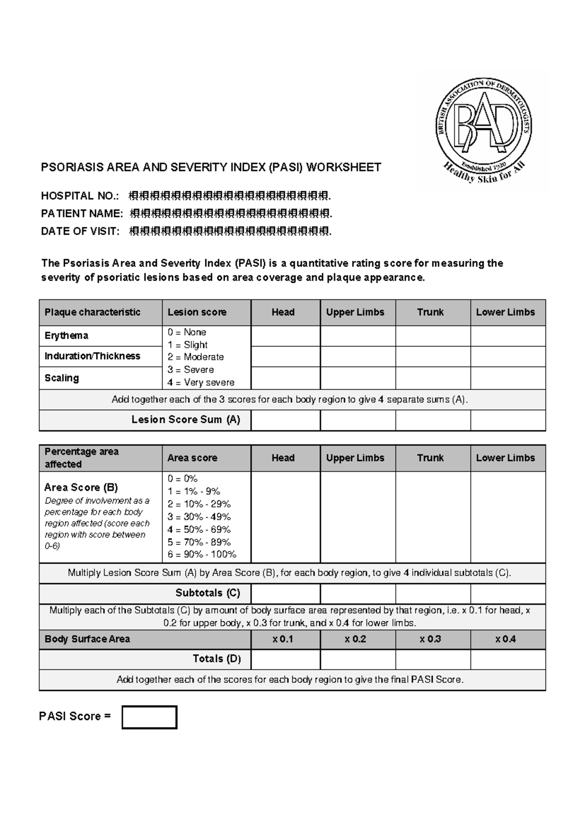Psoriasis Area and Severity Index (PASI) - 01 - PSORIASIS AREA AND ...
