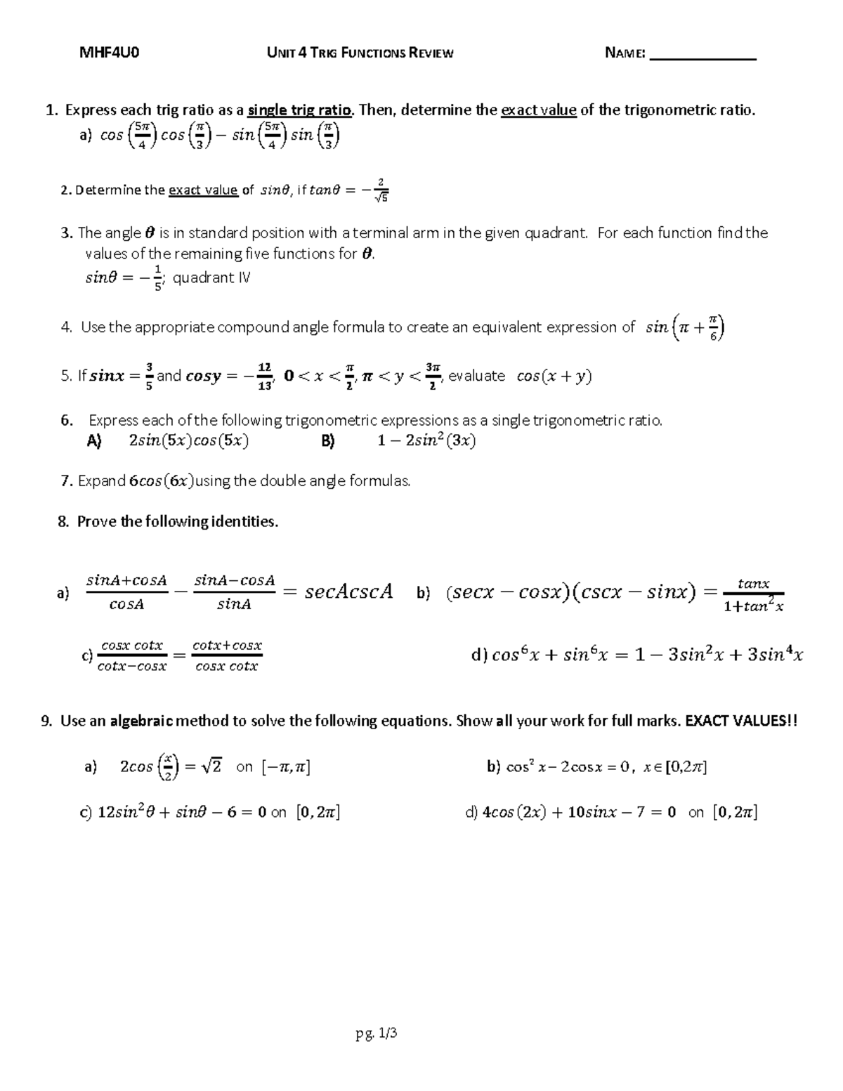Trig Fun Test Practice Questions Dec 2023 - pg. 1 / 3 MHF4U0 UNIT 4 ...