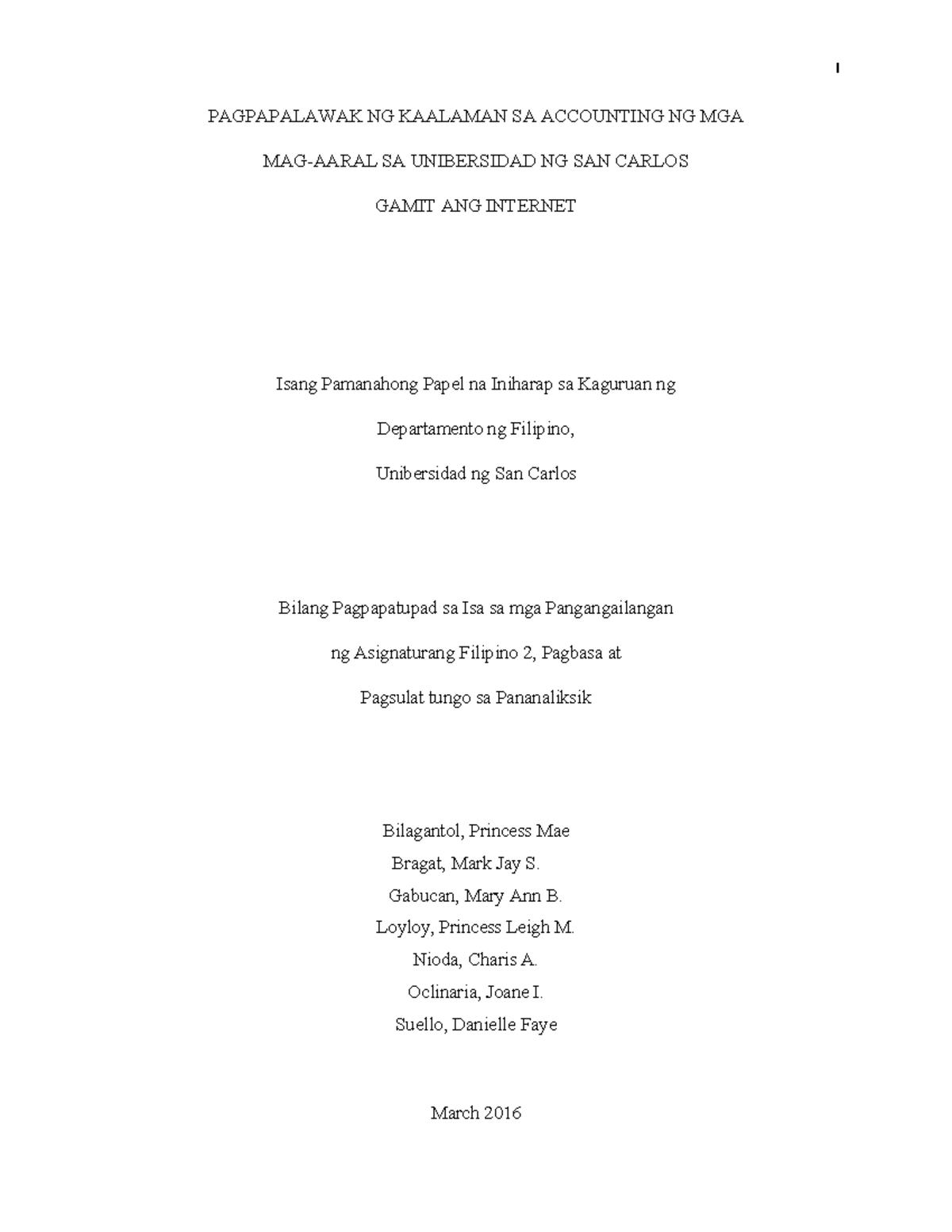 Filipino Research Proposal-1 - I PAGPAPALAWAK NG KAALAMAN SA ACCOUNTING ...