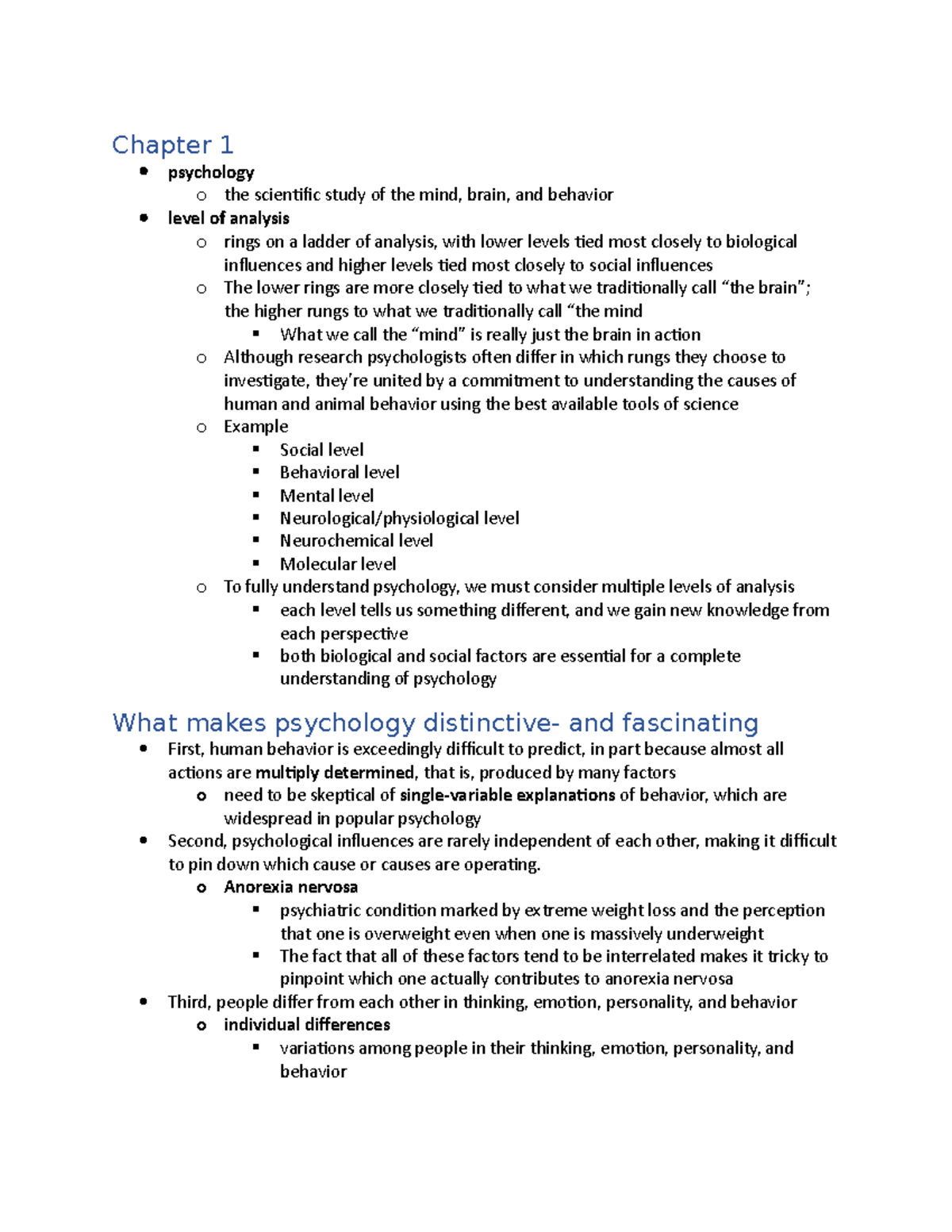 Psych ch 1-3 notes - Chapter 1 psychology o the scientific study of the ...