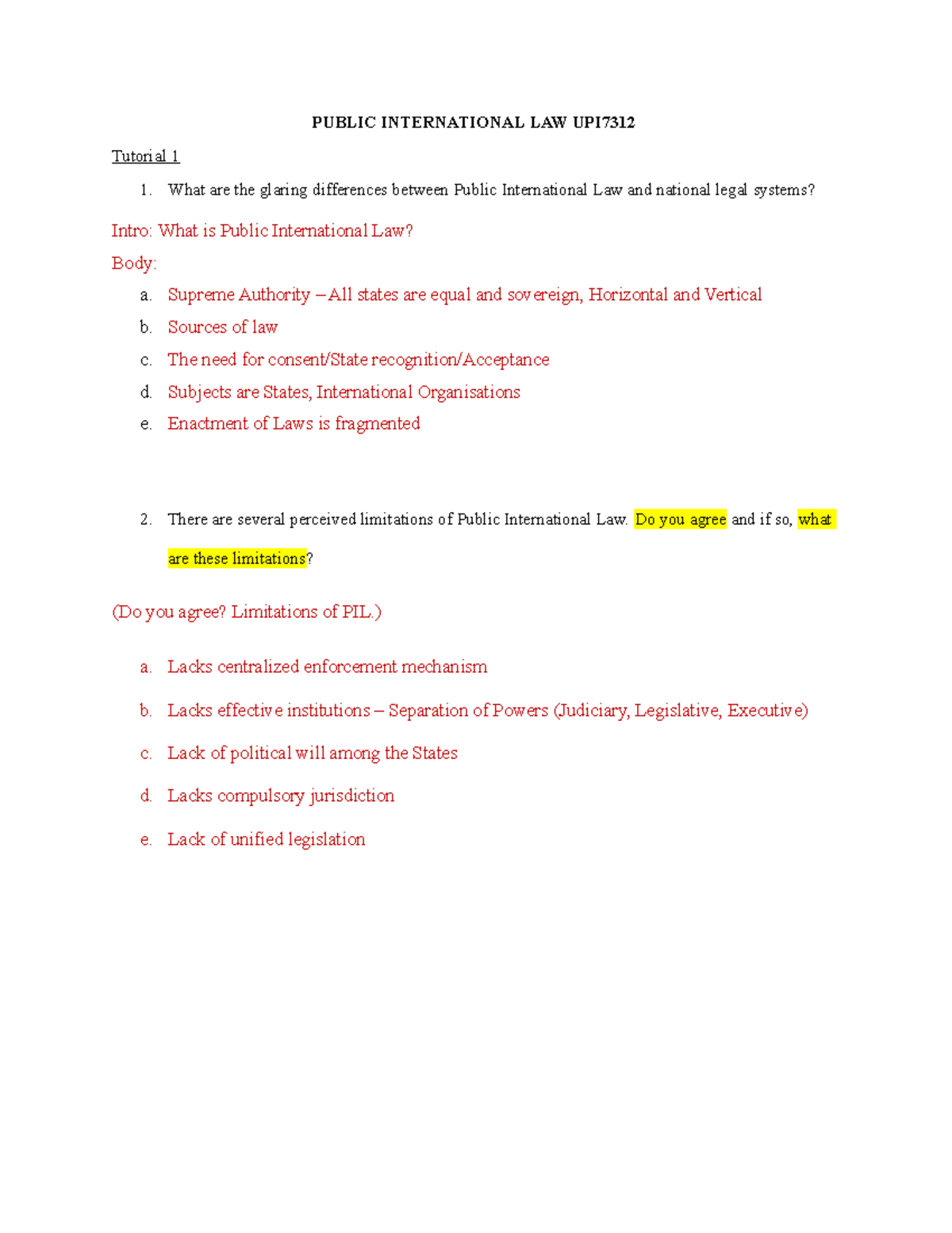 TUTO 1 - Tutorial 1 with answer outline. - PUBLIC INTERNATIONAL LAW UPI ...