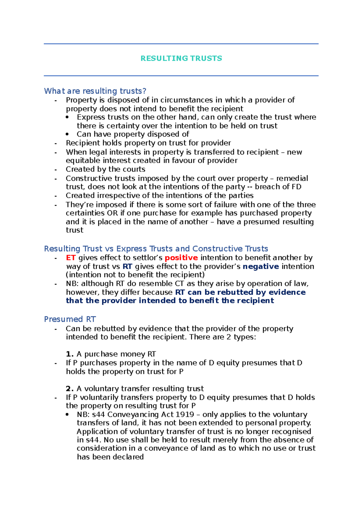 Resulting Trusts - Notes used to prepare for the exam - RESULTING ...