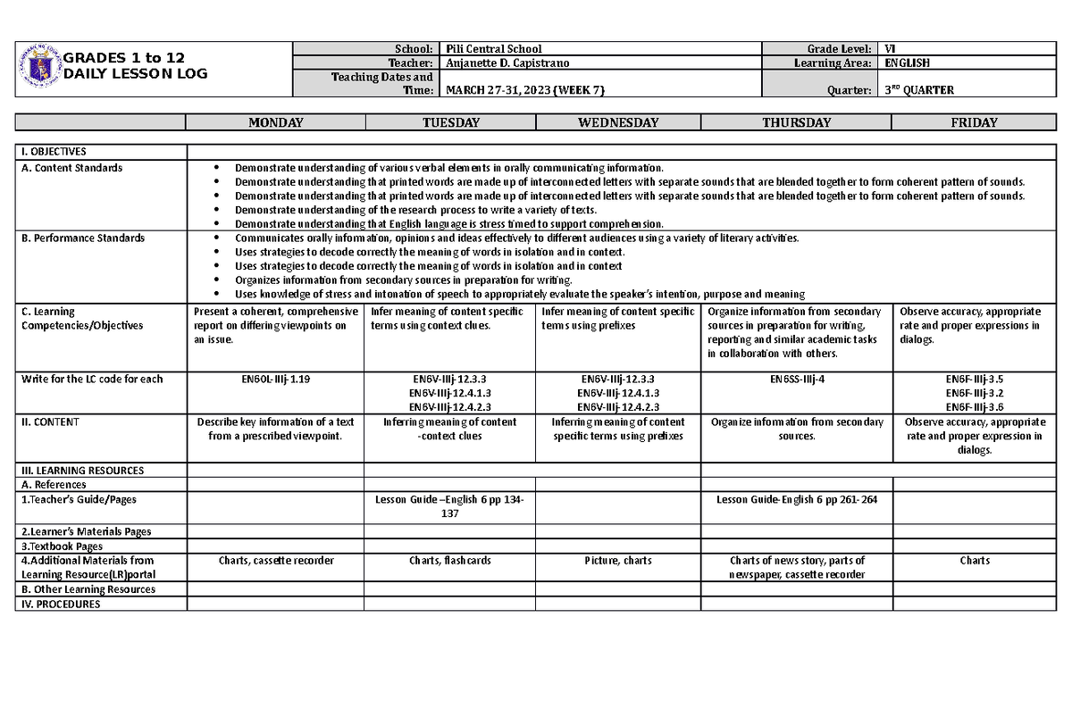 DLL English 6 Q3 W7 - none - GRADES 1 to 12 DAILY LESSON LOG School ...