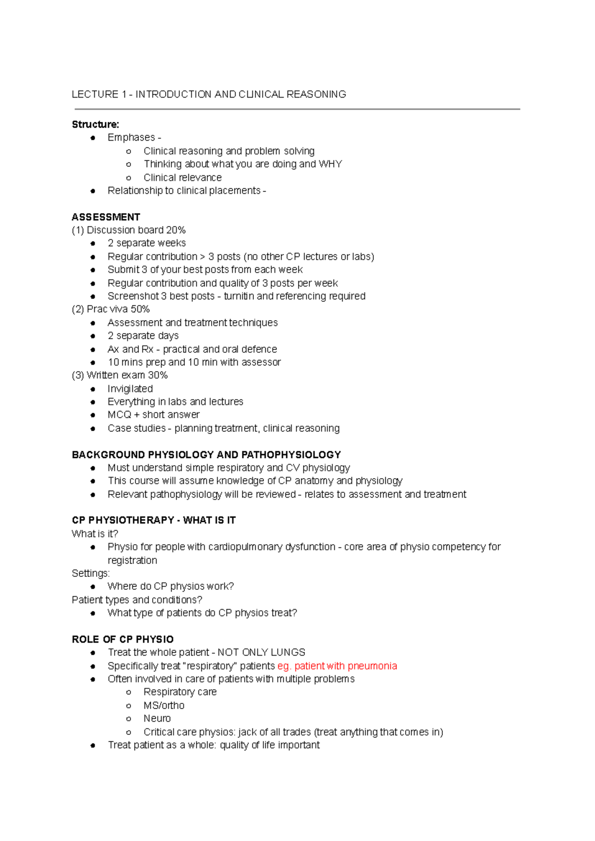 Cardiopulmonary Physiotherapy I - FULL Lecture Notes - LECTURE 1 ...