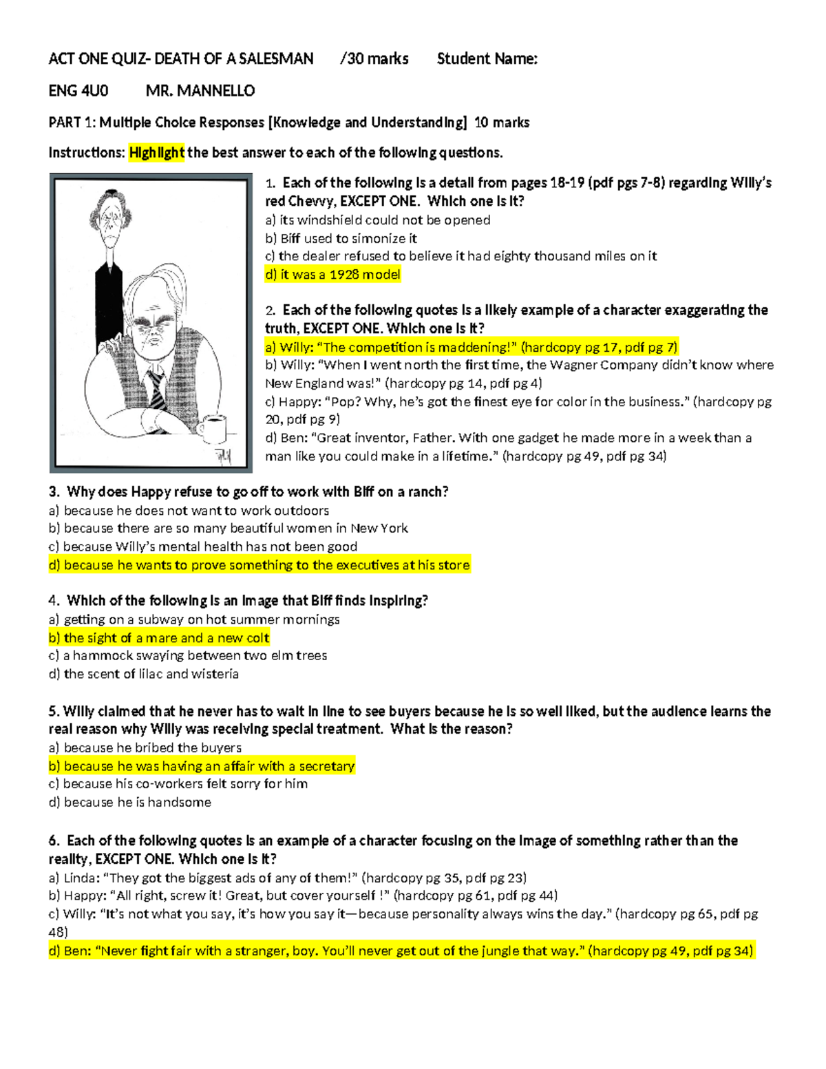 Death OF A Salesman QUIZ ACT ONE Spring 2023 - ACT ONE QUIZ- DEATH OF A ...