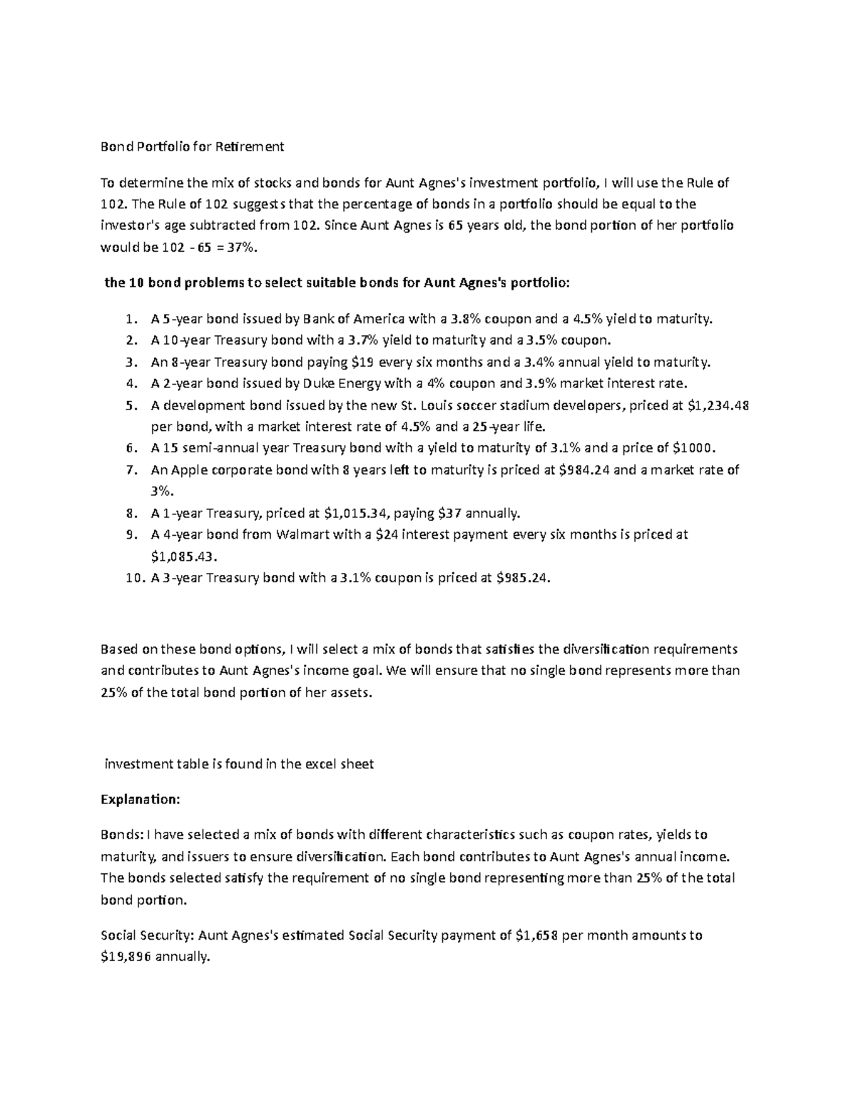 Retirement portfolio - Bond Portfolio for Retirement To determine the ...