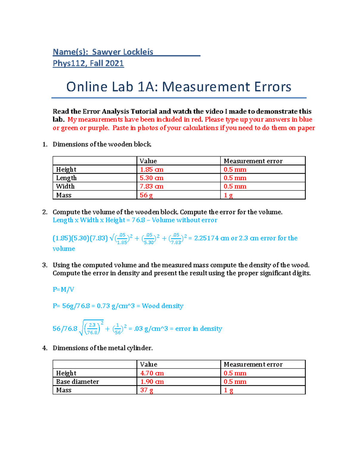 Measurement Errors Physics - Name(s): Sawyer Lockleis Phys112, Fall ...