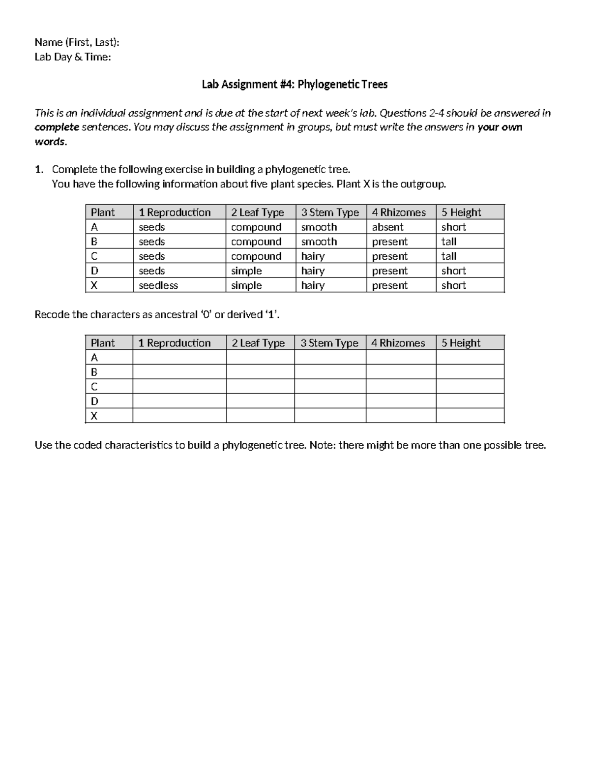 4. Phylogenetic tree - data - Name (First, Last): Lab Day & Time: Lab Assignment #4: - Studocu