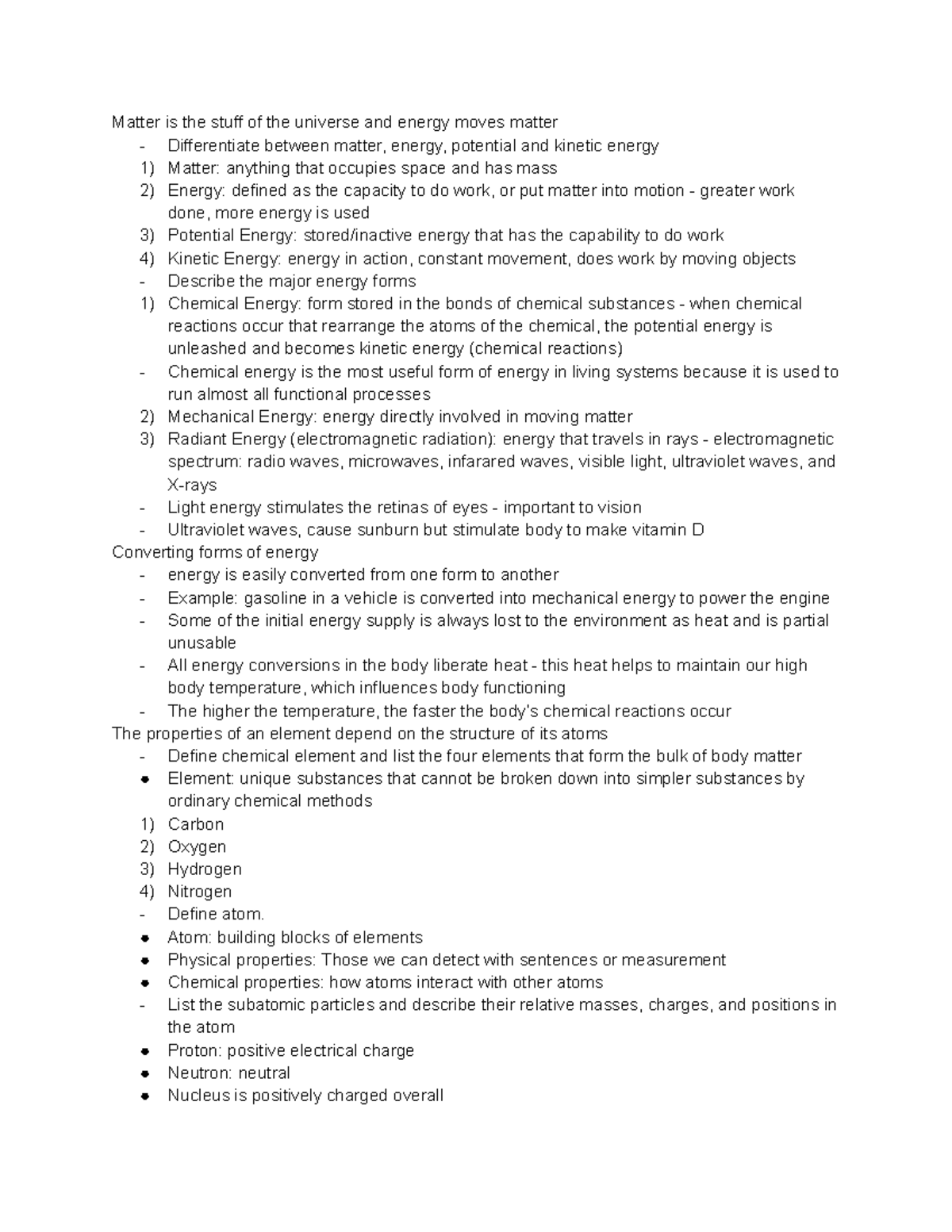 Chapter 2 Anatomy - Lecture notes 2 - Matter is the stuff of the ...