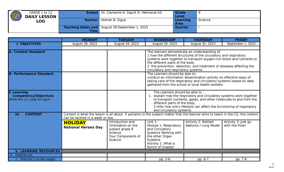 Science 9 DLL Q1 Week1 - Teacher's Guide Lesson - GRADE 1 to 12 DAILY ...