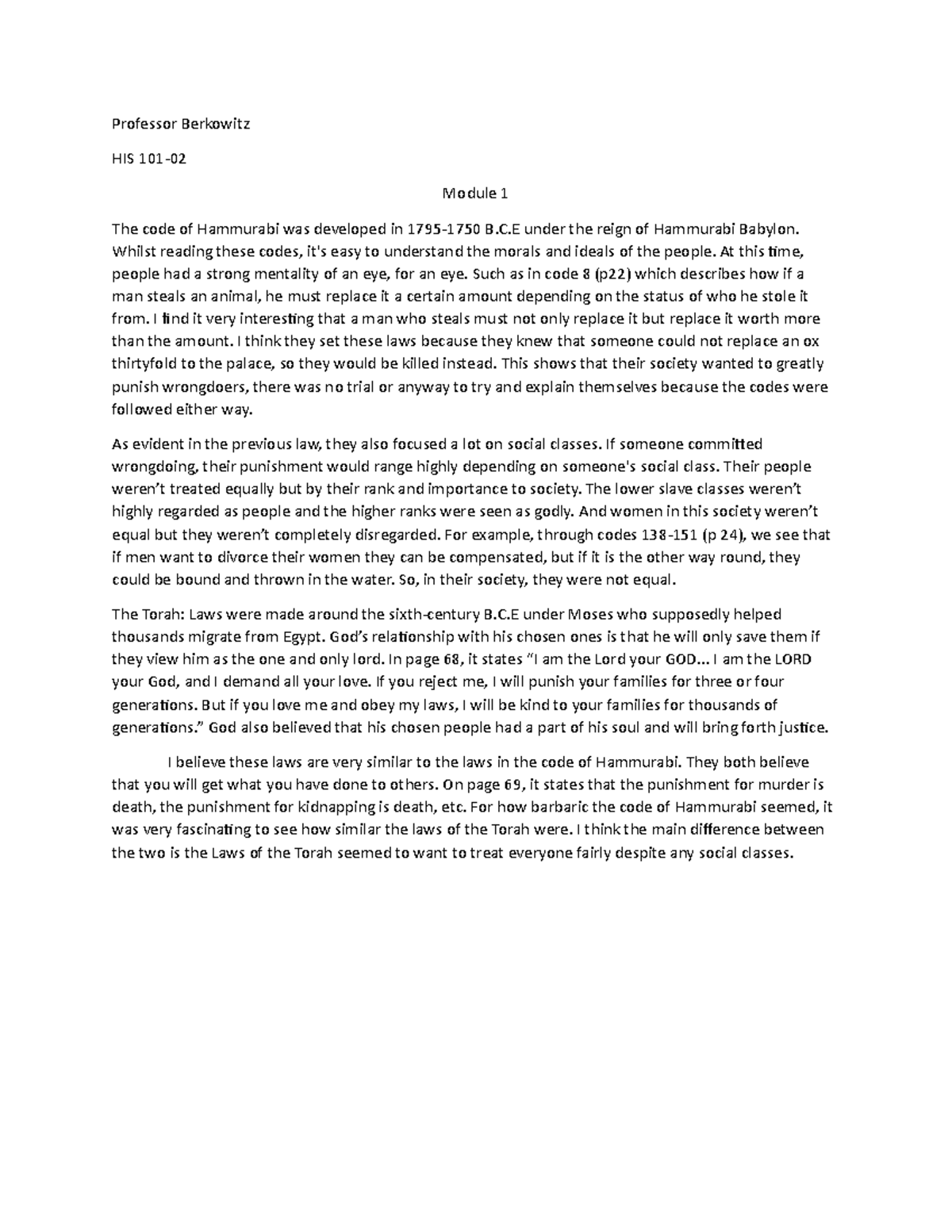 Module 1 Assignment - Writing Response to Professor Berkowitz summer ...