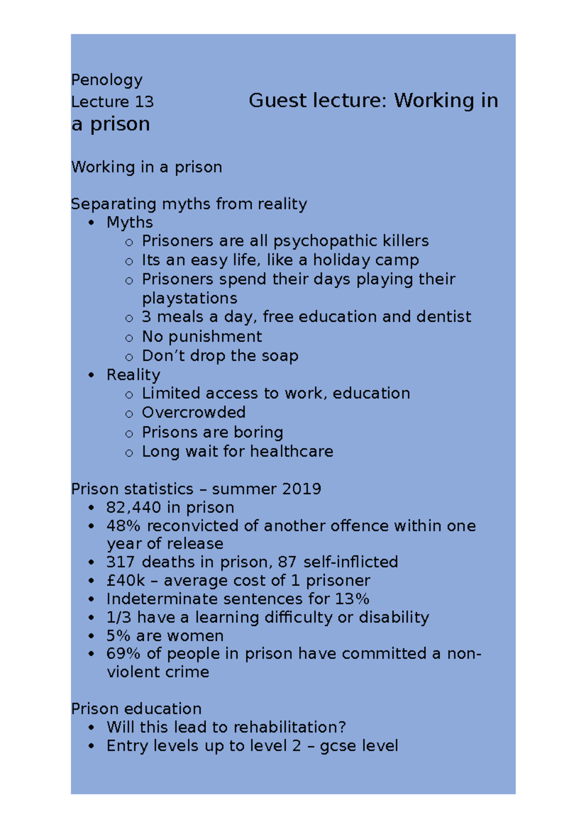 13 - working in a prison - Lecture notes 13 - Penology Lecture 13 Guest ...