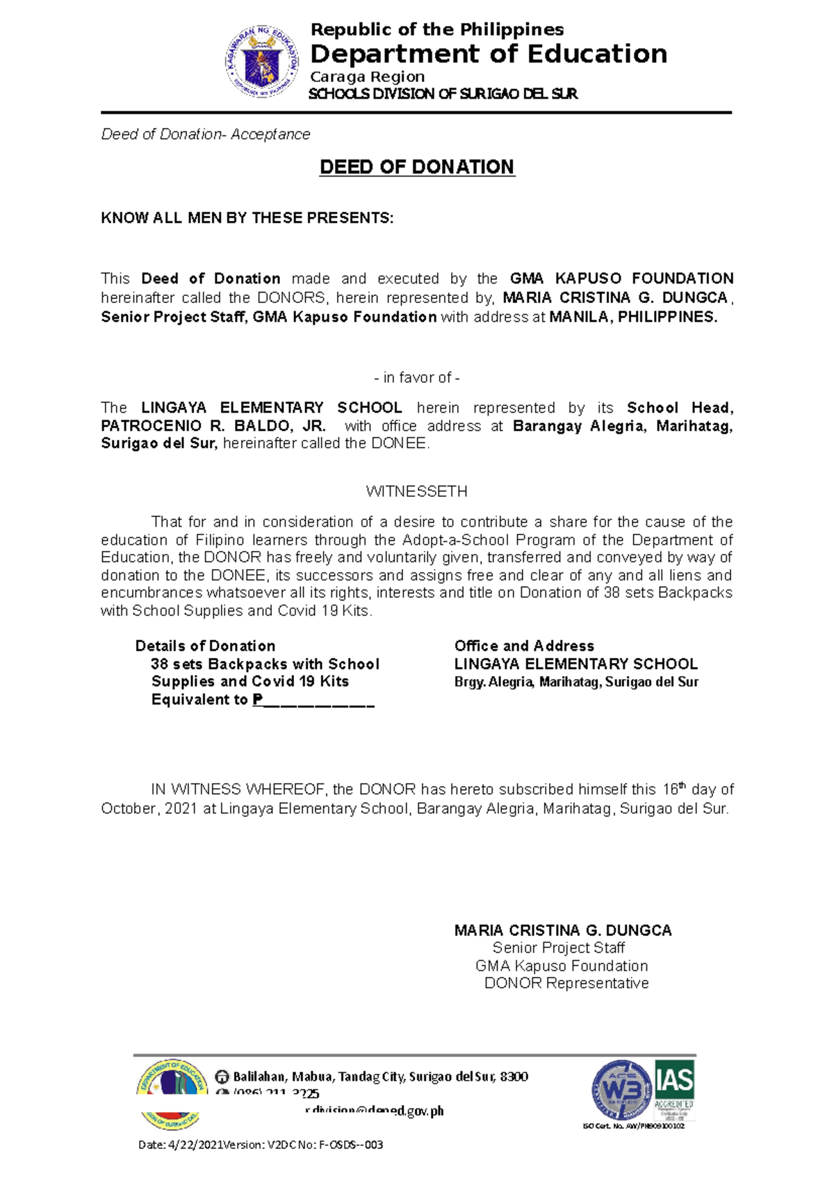 DEED-OF- Danation Kapuso- Foundation - Date: 4/22/2021Version: V2DC No ...