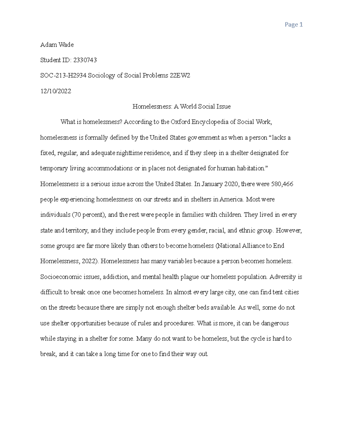 SOC 213 Project Final - Adam Wade Student ID: 2330743 SOC-213-H2934 ...